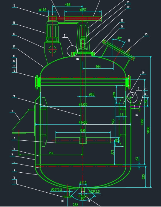化工设备DN1300搅拌反应釜CAD装配图下载 - 作图吧